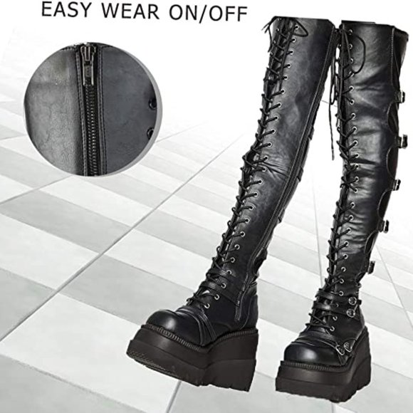 Shoes | Burning Man Black Thigh High Lace Up Platform Combat Boots ...